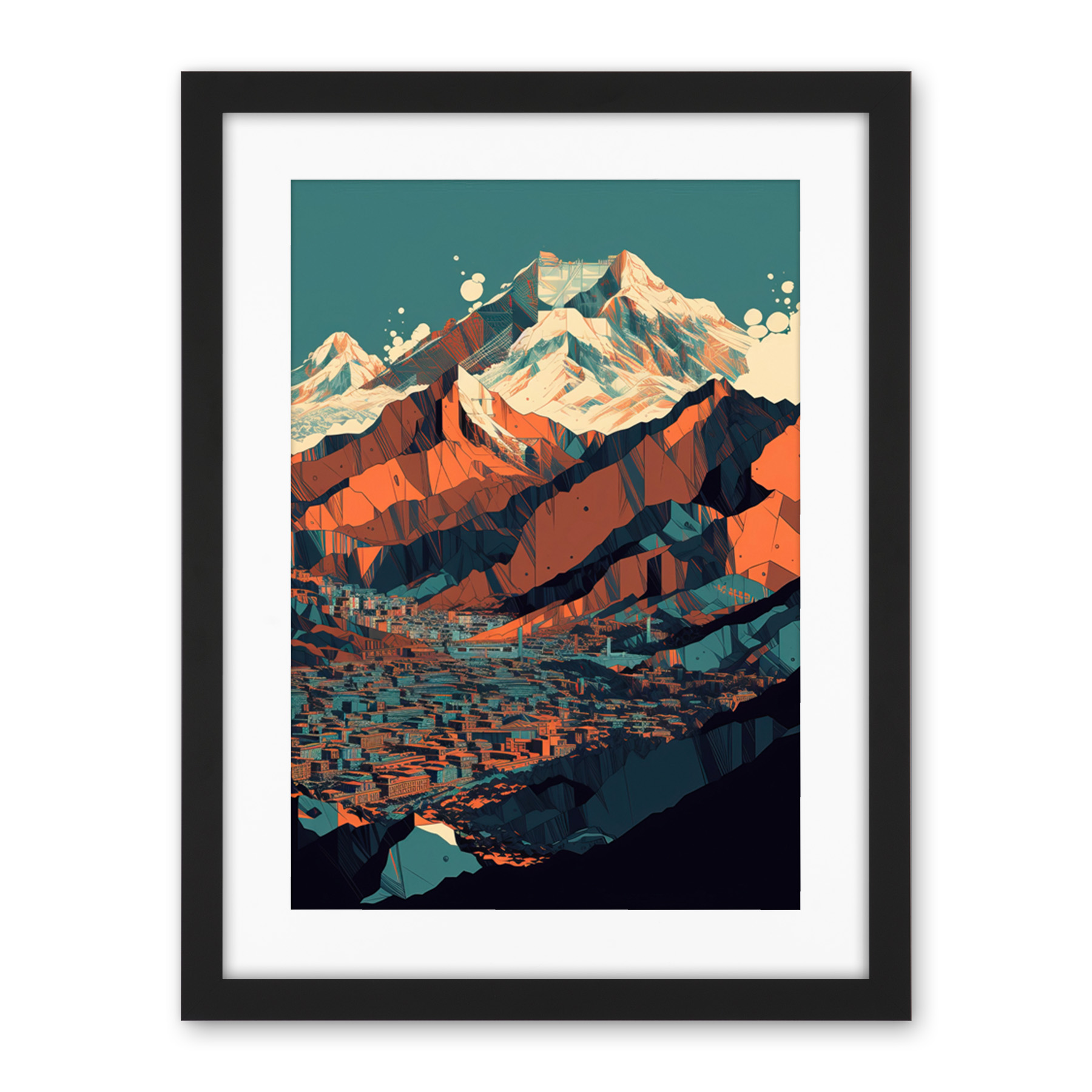 Quadro arte murale incorniciato città moderna circondata da alte montagne paesaggio 18X24