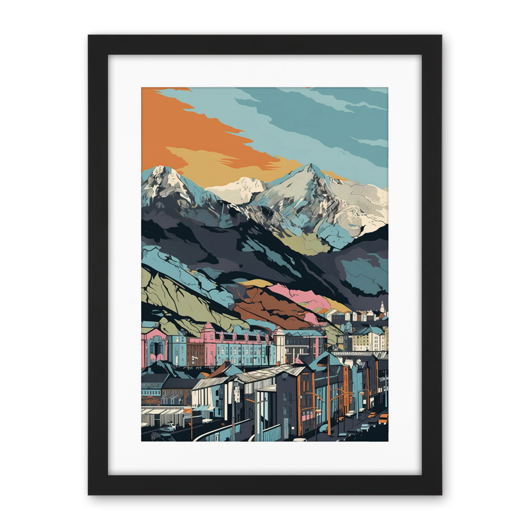 Immagine moderna con cornice arte da parete moderna Cityscape Under Rocky Mountain Range 18X24