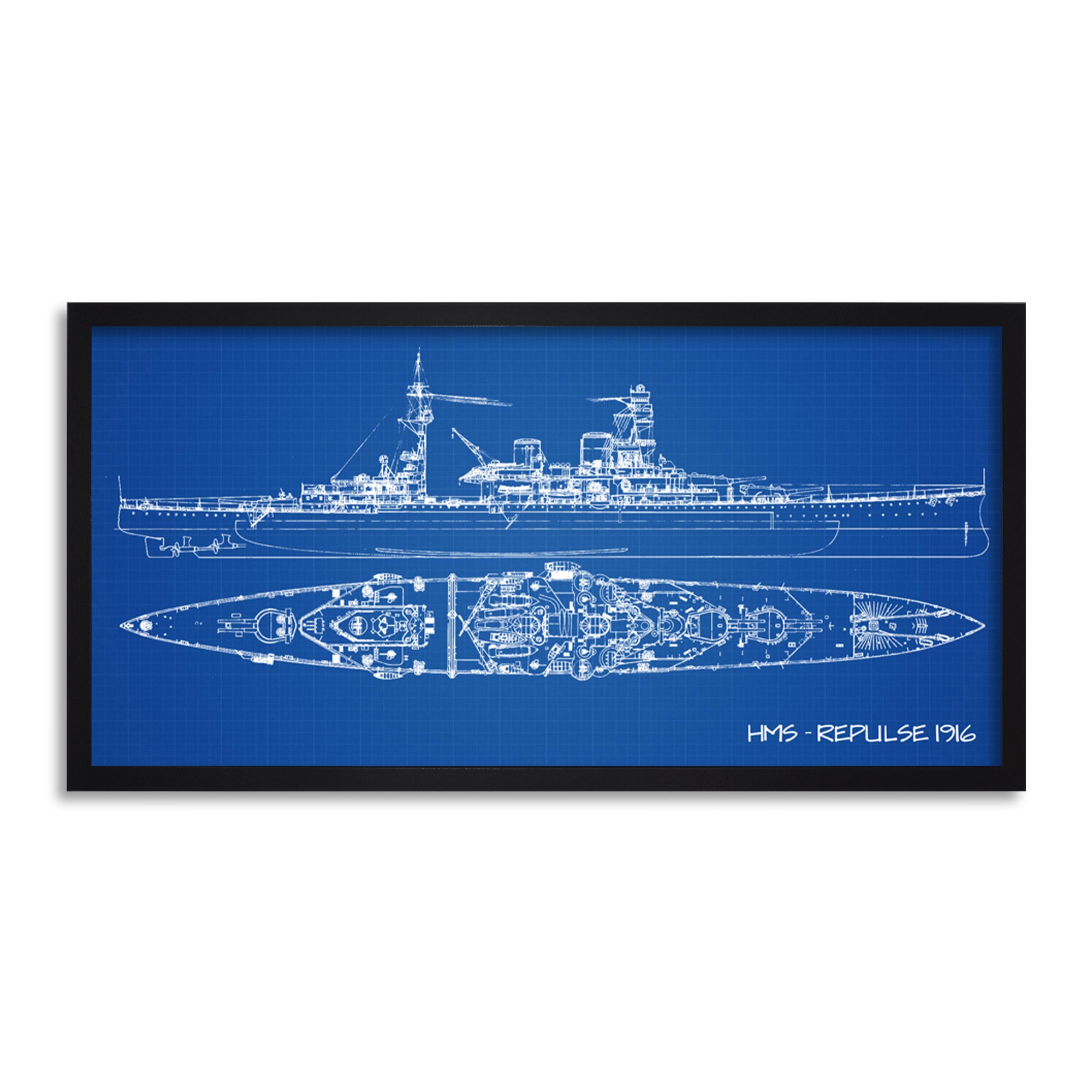 HMS REPULSE BATTLECRUISER War Ship Blueprint Plan Long Framed Wall Art ...