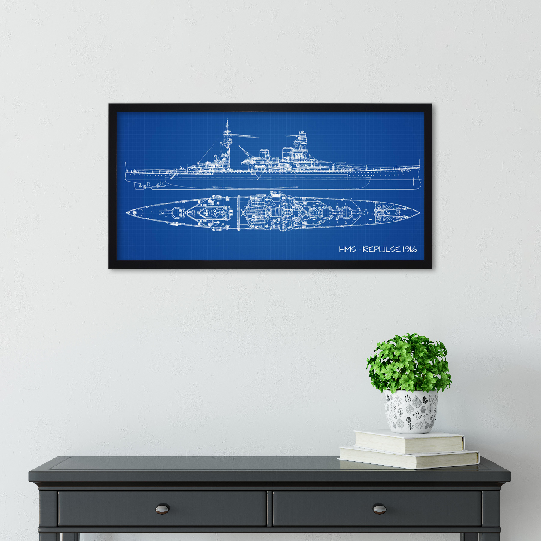 HMS REPULSE BATTLECRUISER War Ship Blueprint Plan Long Framed Wall Art ...