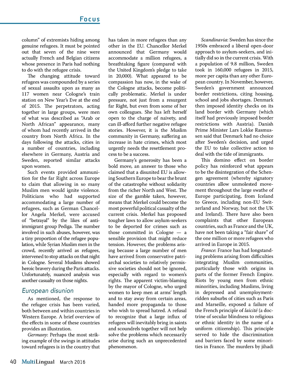 Feature writer for Multilingual magazine article, "The Refugee Crisis ...