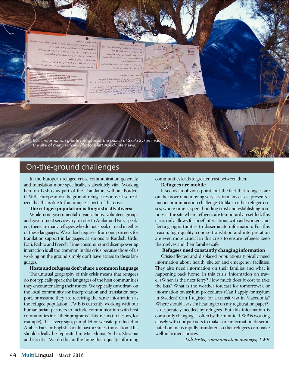 Feature writer for Multilingual magazine article, "The Refugee Crisis ...