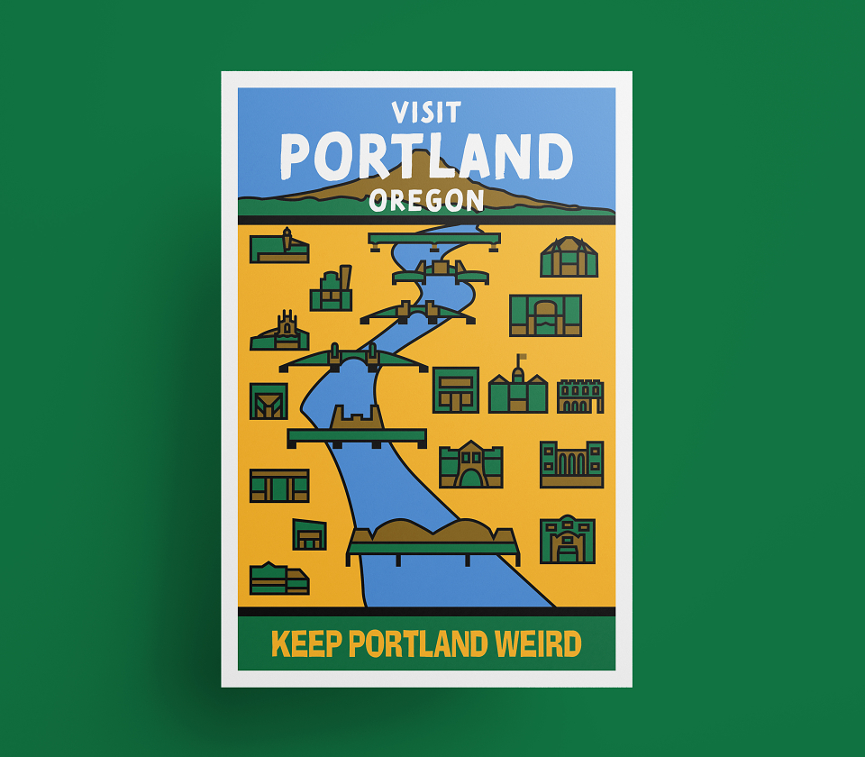 Portland vintage travel poster by Rexx DeMarzio for Foxface Design LLC