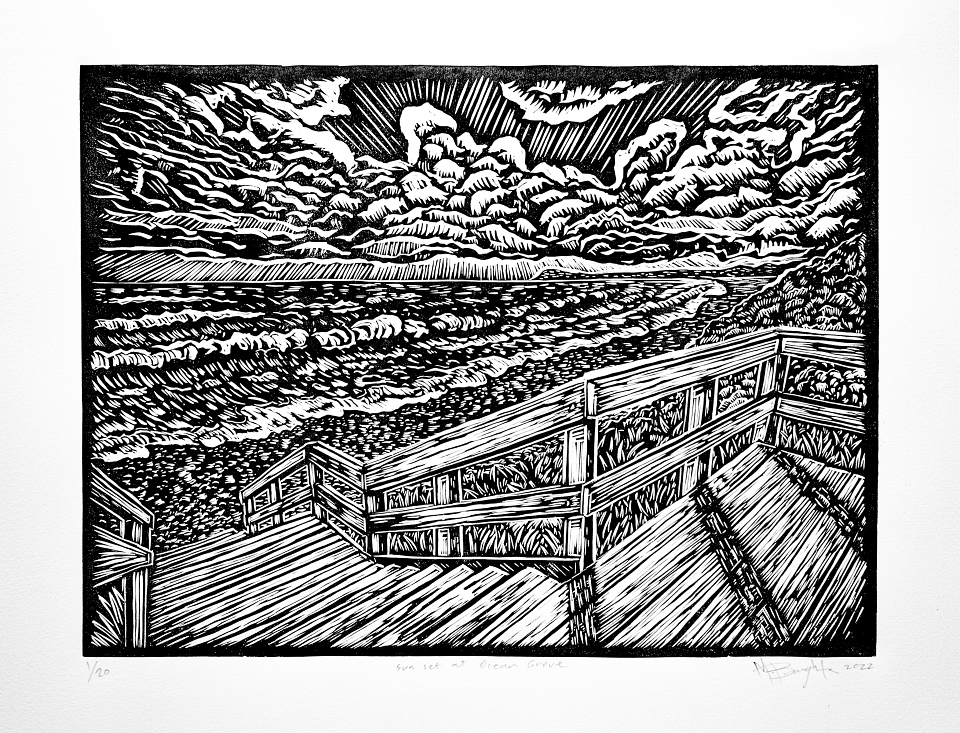 Linocut print of beach by Matthew Broughton
