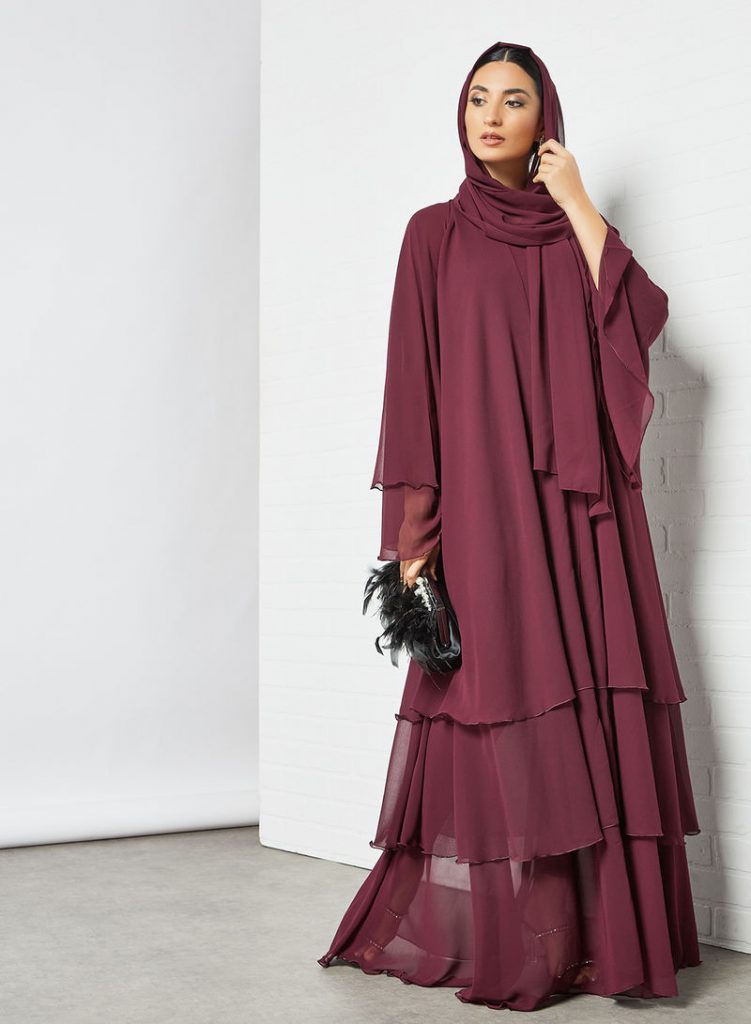 Burgundy layered chiffon abaya - Heracloset Online