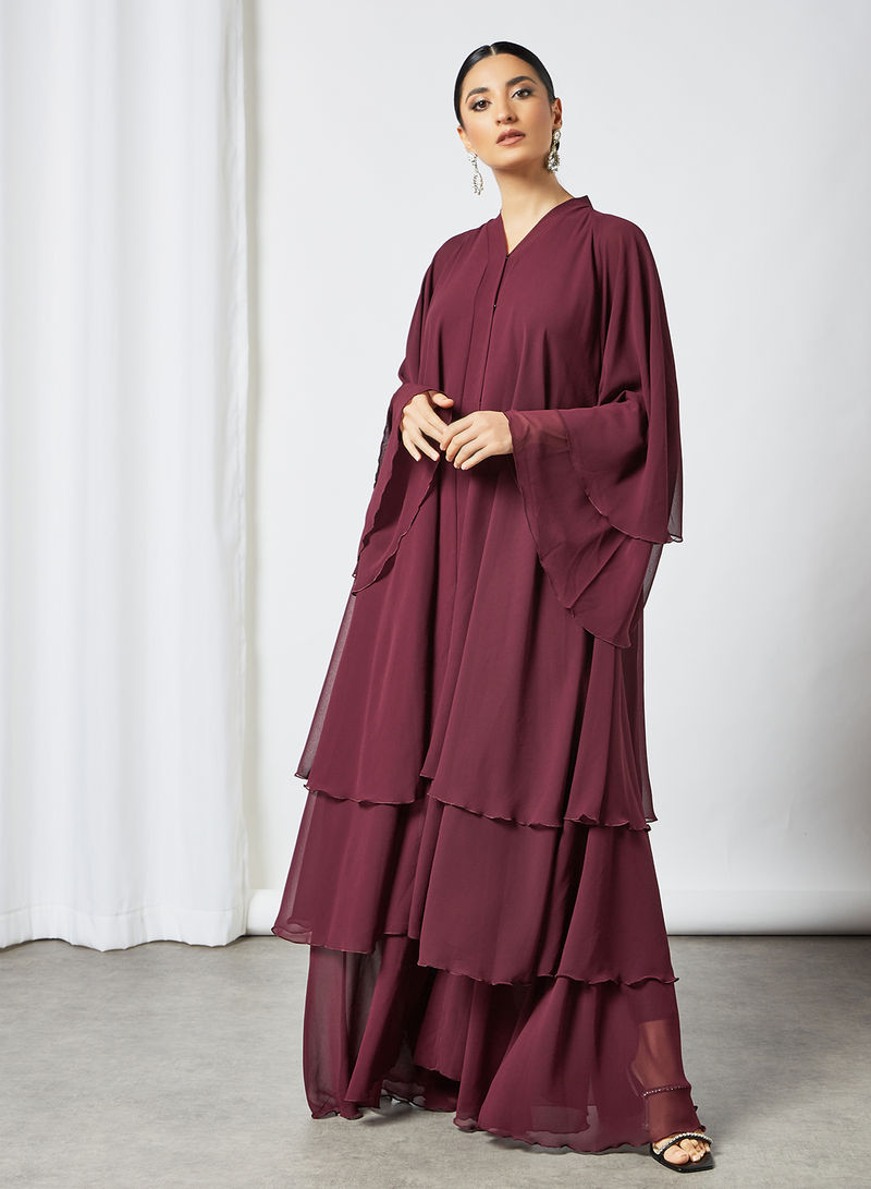 Burgundy layered chiffon abaya - Heracloset Online