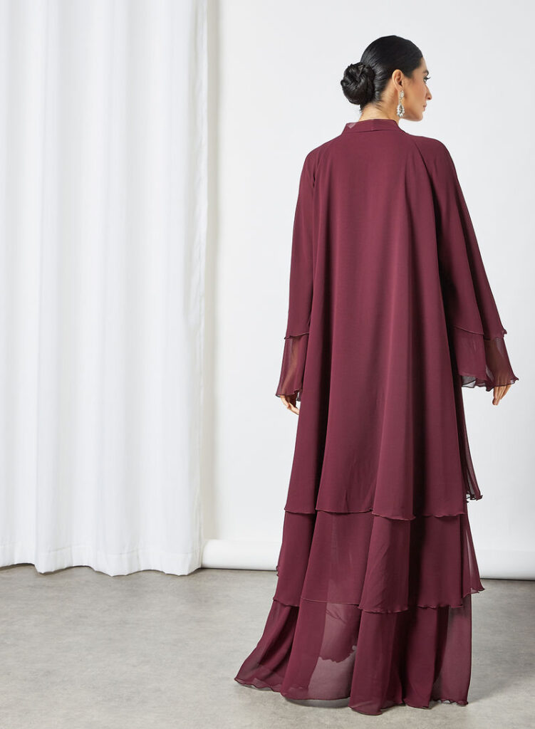 Burgundy layered chiffon abaya - Heracloset Online